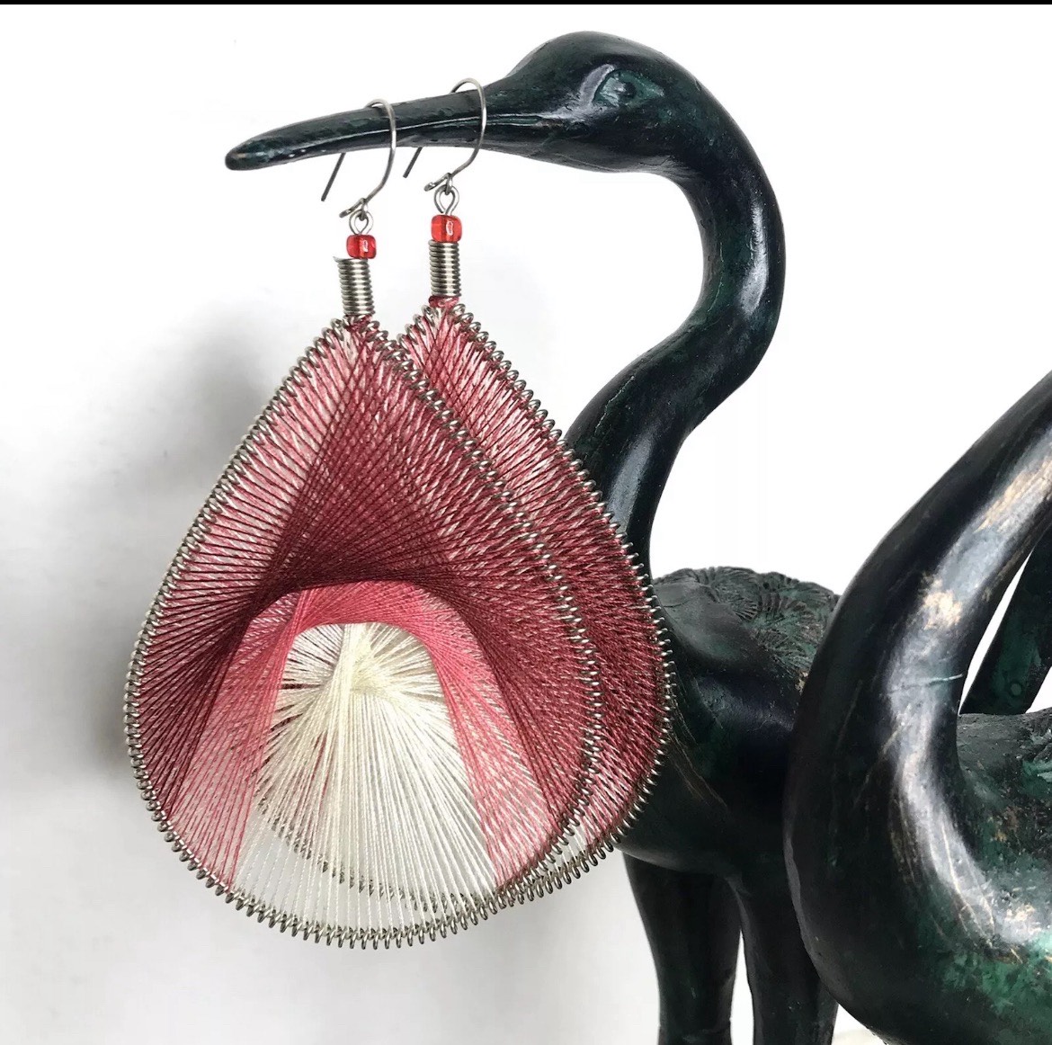 70s String Art Earrings Peruvian Thread Art Colorful Boho Festival 3.5" NEW