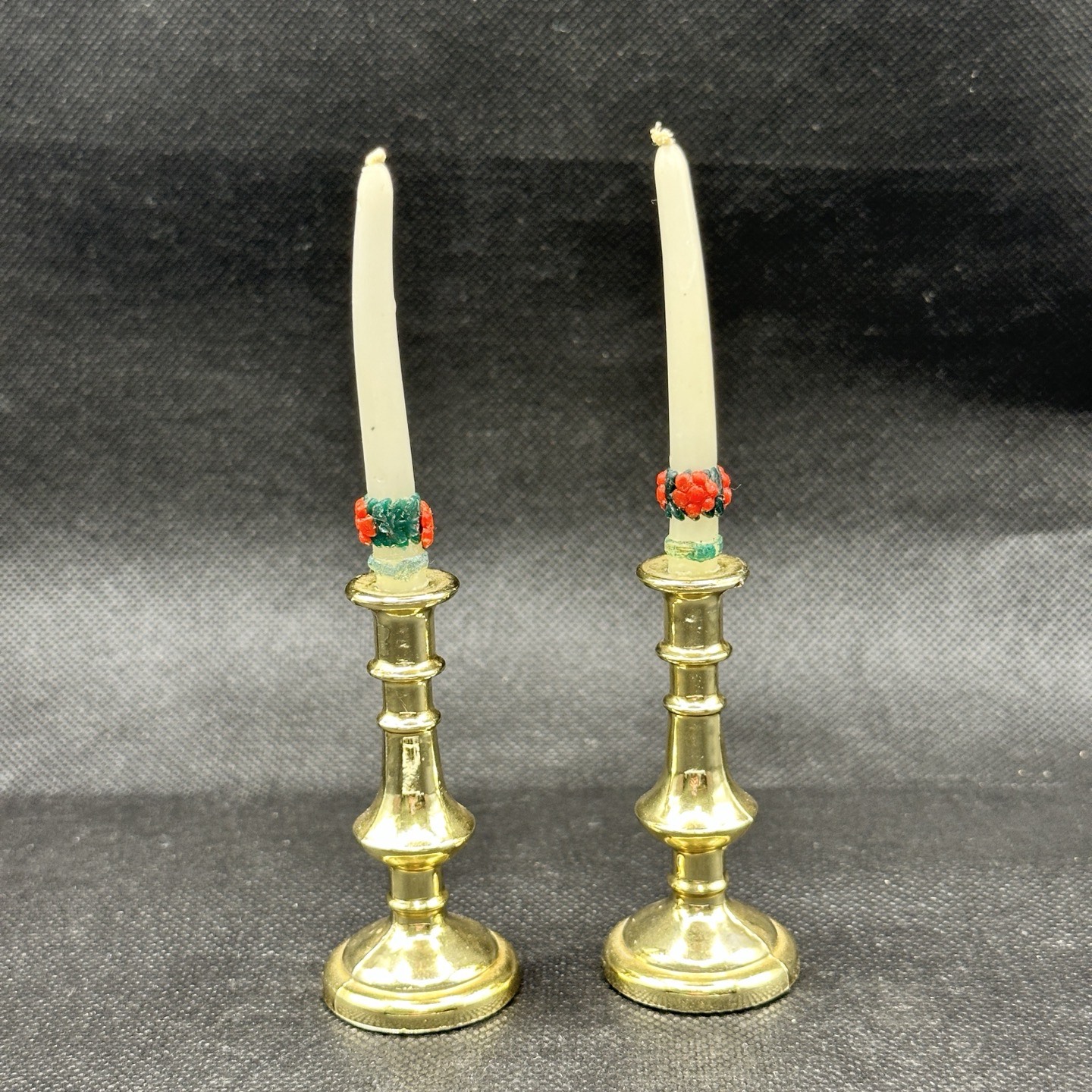 Miniature Brass Candlesticks w Original Candles