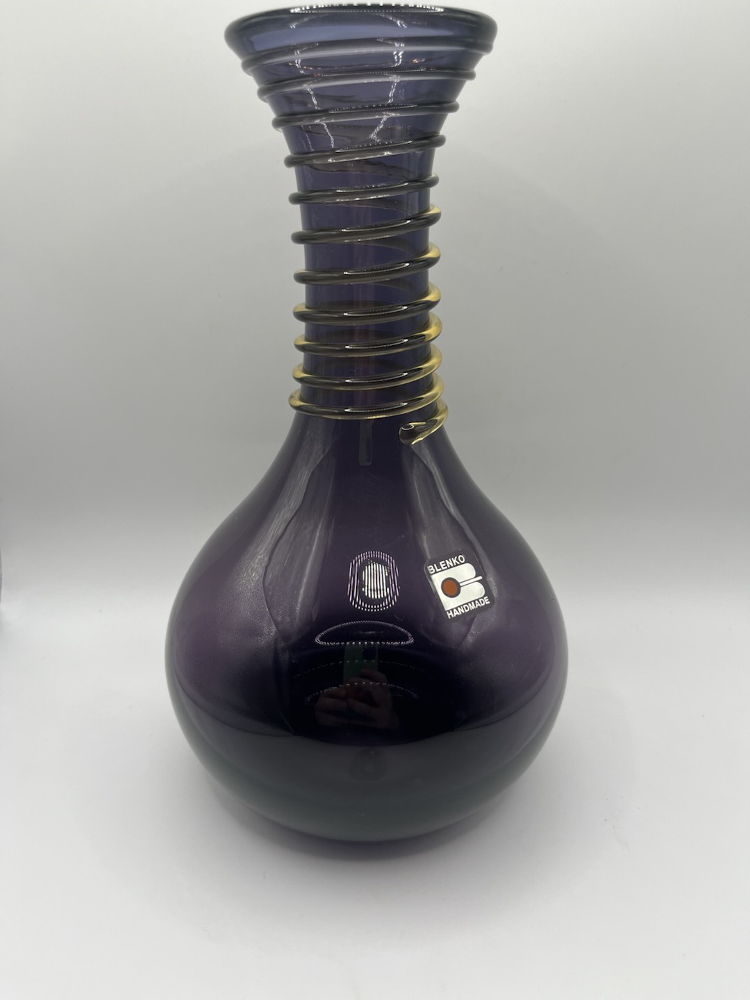 Purple Blenko Glass Vase With Serpentine Swirl Around Neck
