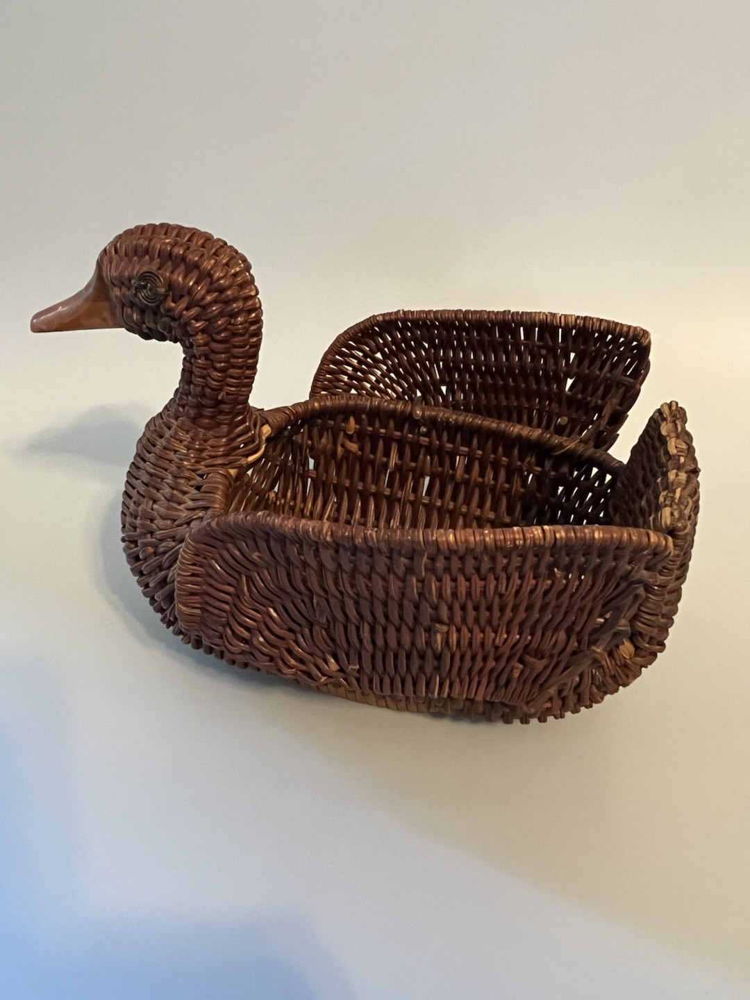 Vintage Wicker Woven Ratten Wood Duck Basket With Wood Carved Beak
