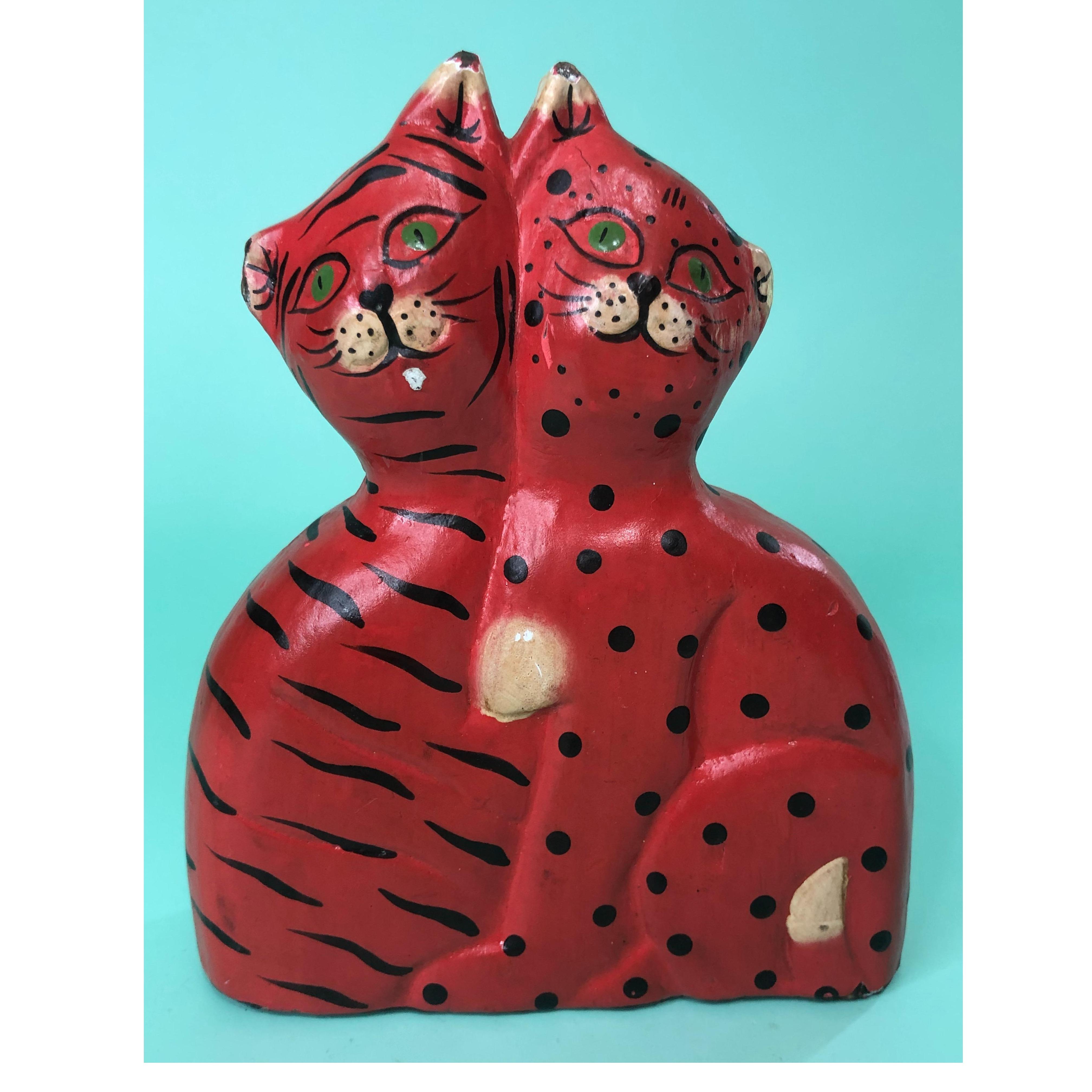 Wooden Handpainted Folk Art Red Cats Figurine