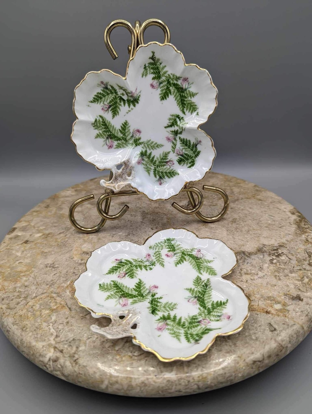 2 German Porcelain Clover Shaped Trinket Dishes w/ Rosebud & Fern Pattern