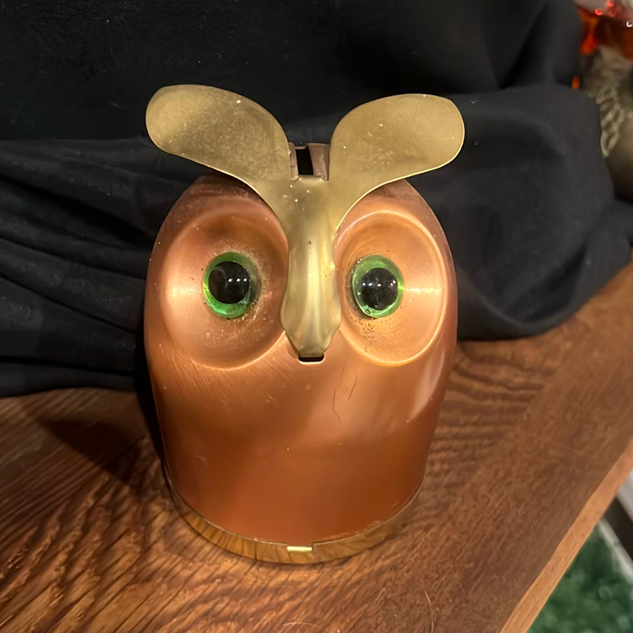 1- CopperCraft Gilded Owl Bank With Green Glass Eyes