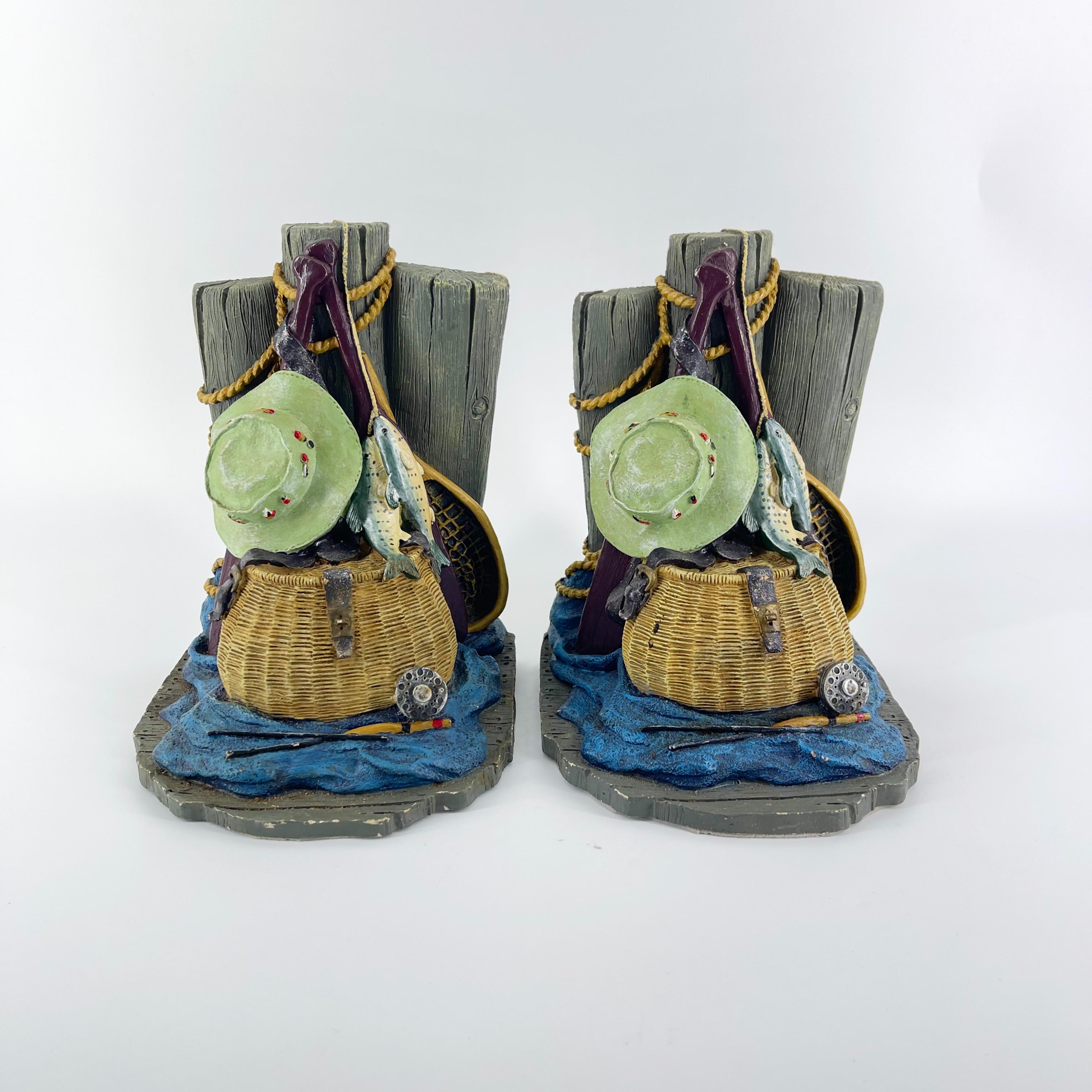 Vtg Figi "Gone Fishing" Bookends 7" Resin Cabin Lake Fly Outdoors Decor ...