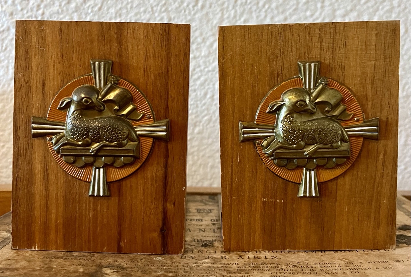 Vintage Wood And Brass Religious Lamb Made In Germany Bookends Pair Of ...