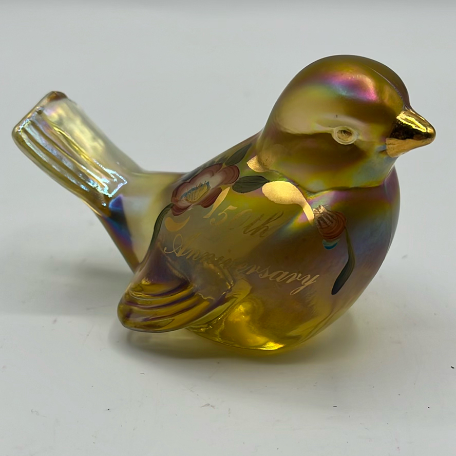 Fenton Gold Carnival Opalescent Flower Painted Bird 50th Anniversary