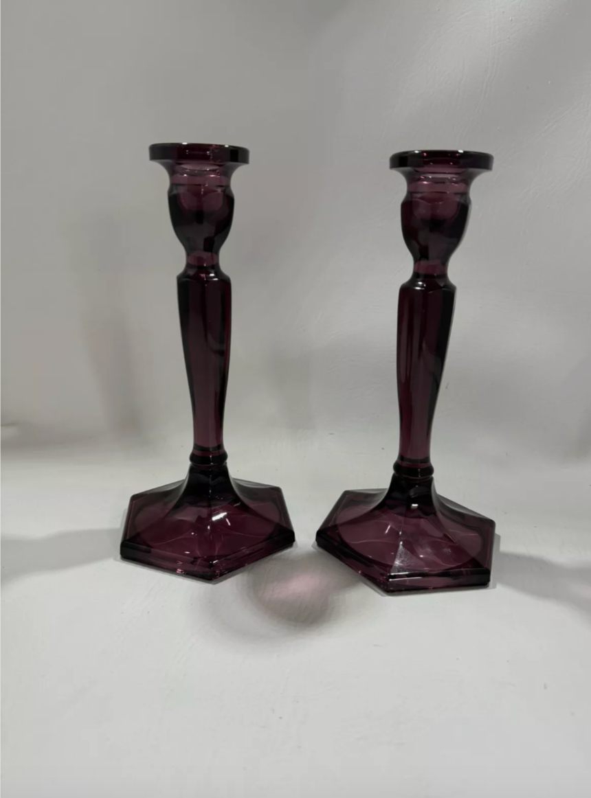 Pair of Fenton Amethyst Candlesticks Pattern #696 Colonial 8 1/2" Tall UV