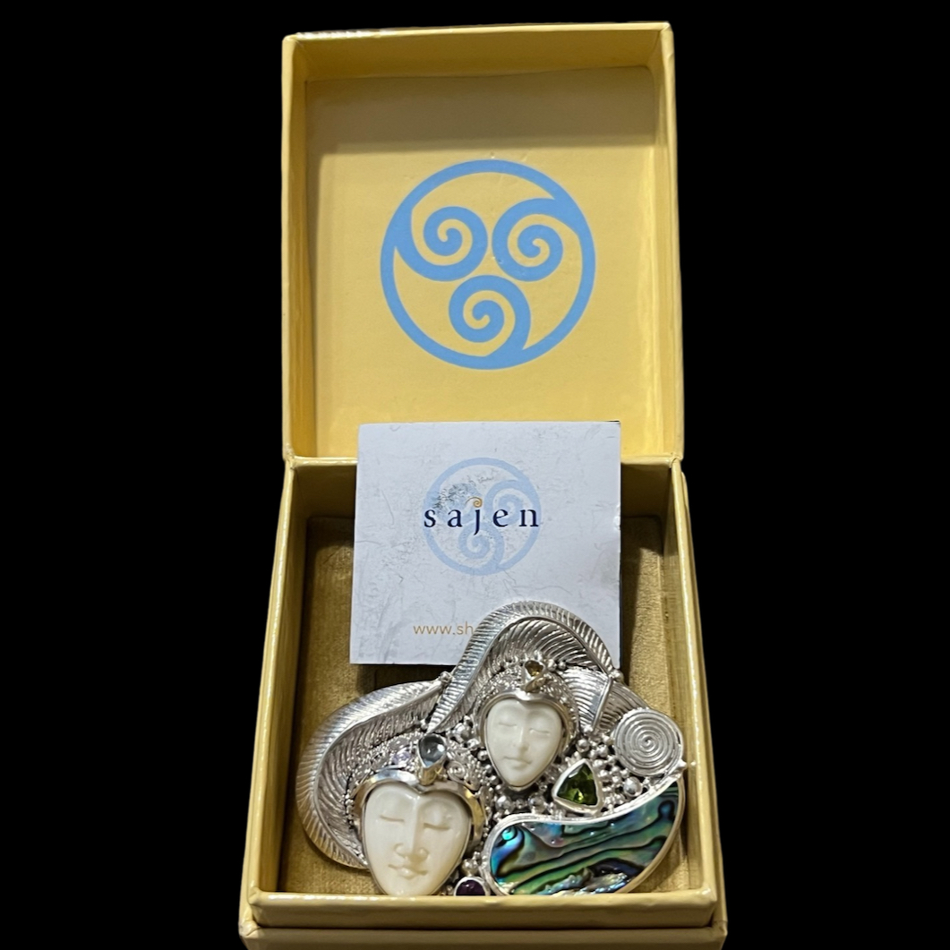 SAJEN Bali Goddess Brooch Pin/Pendant Abalone & Gemstones Sterling ...