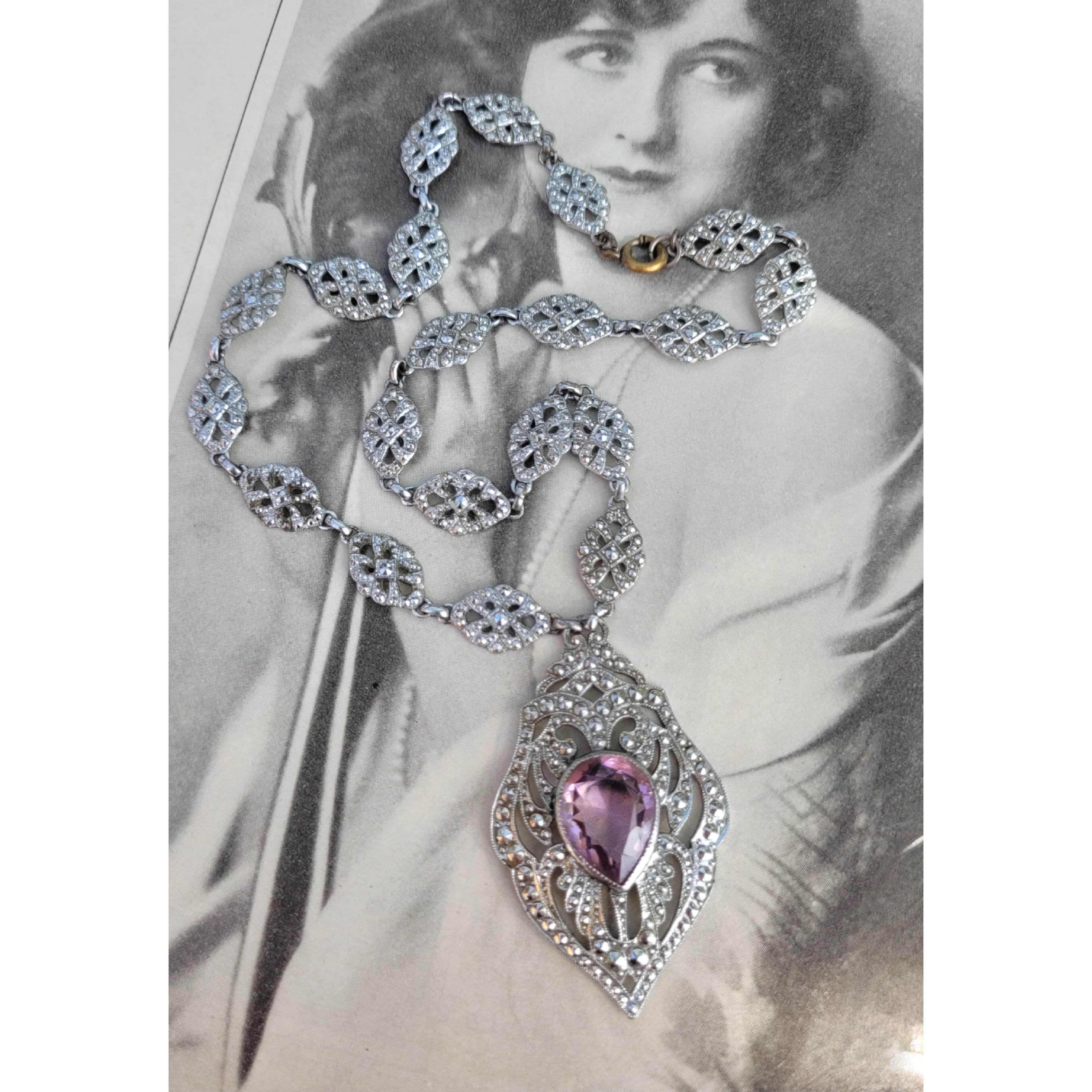 Vtg Art Deco Purple Stone Filigree Lavalier Sterling Silver Necklace ...