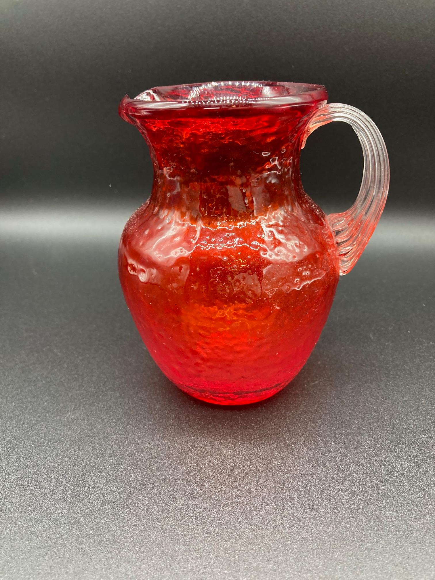 Vintage Ruby Red Glass Pitcher with Clear ribbed handle hand blown