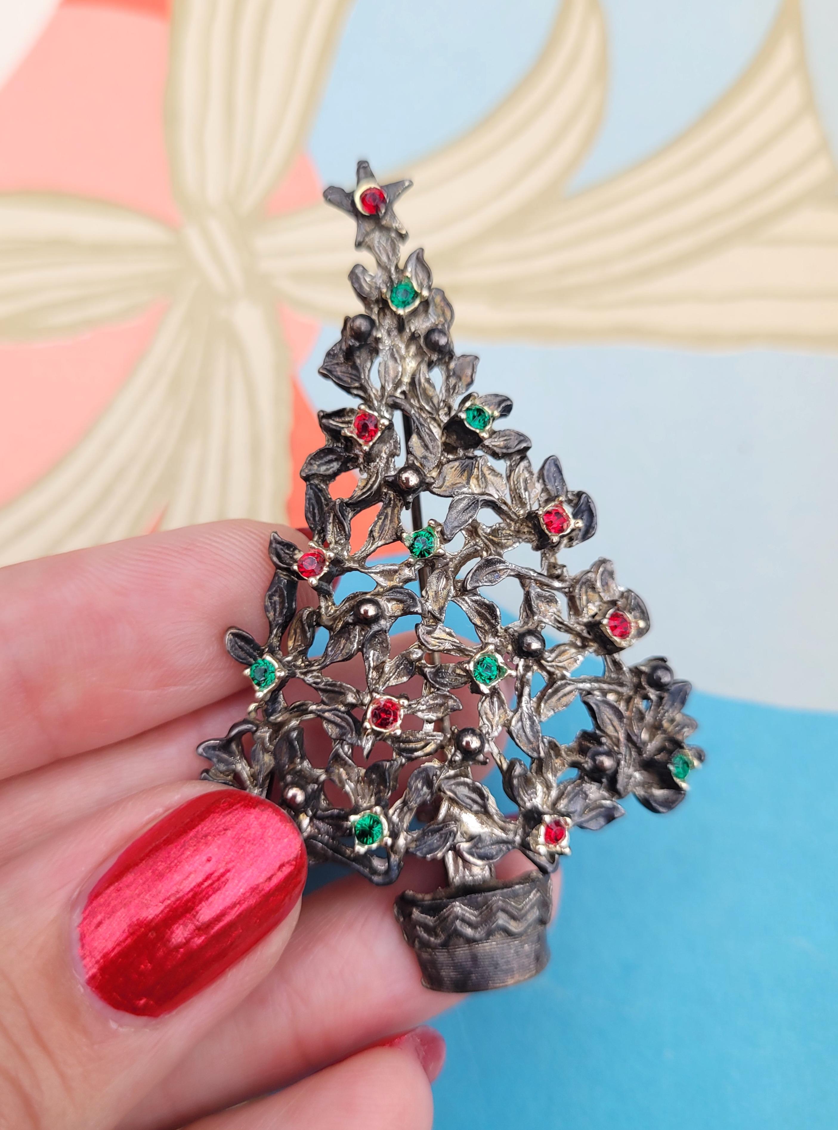 Vintage Pewter Holiday Christmas Tree Red & Green Ornaments Brooch Pin