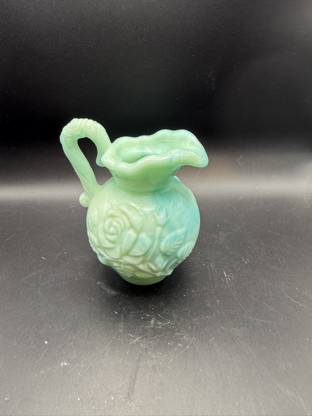Avon Green Slag Milk Glass Mini Pitcher With Rose Relief