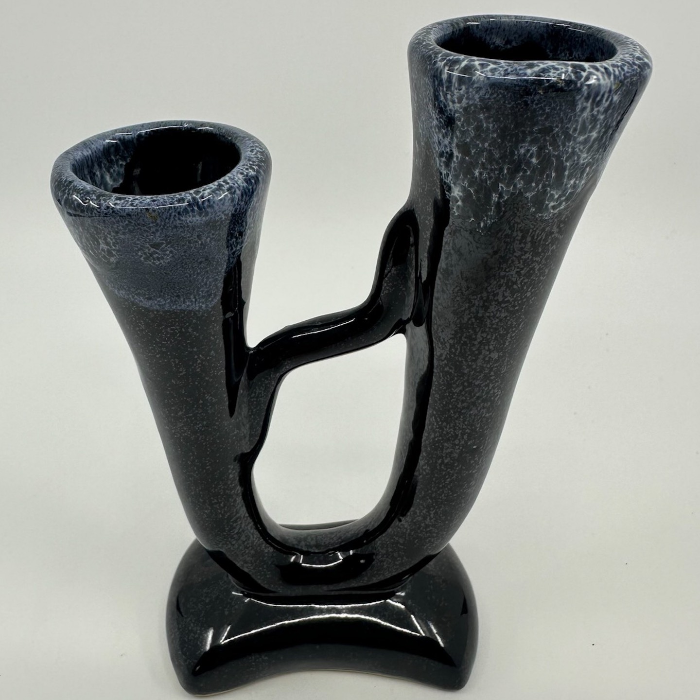 Anna Van Briggle Double Bud Vase Black w/ Drip Glaze Mid Century