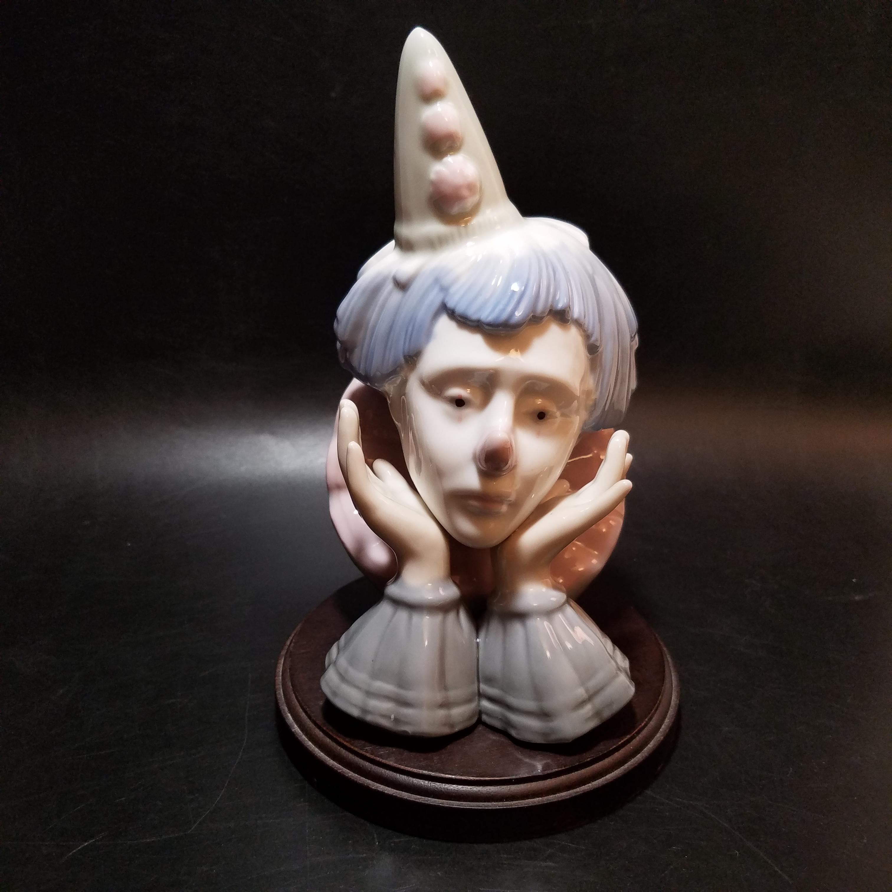 Sad Faced Clown Porcelain Figurine on Wood Base Mexico