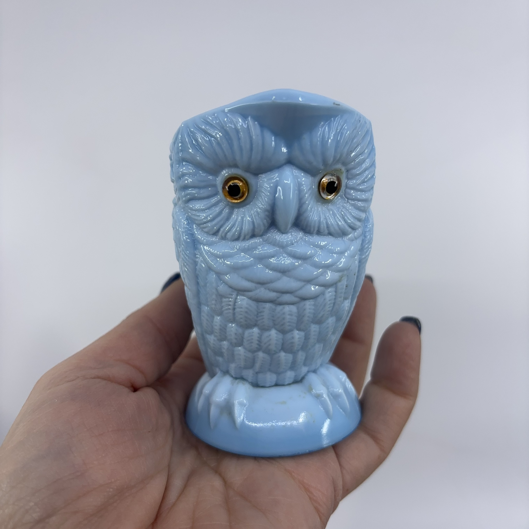 Antique Blue Slag Owl Mini Pitcher - Bryce Higbee Attributed 3.25”