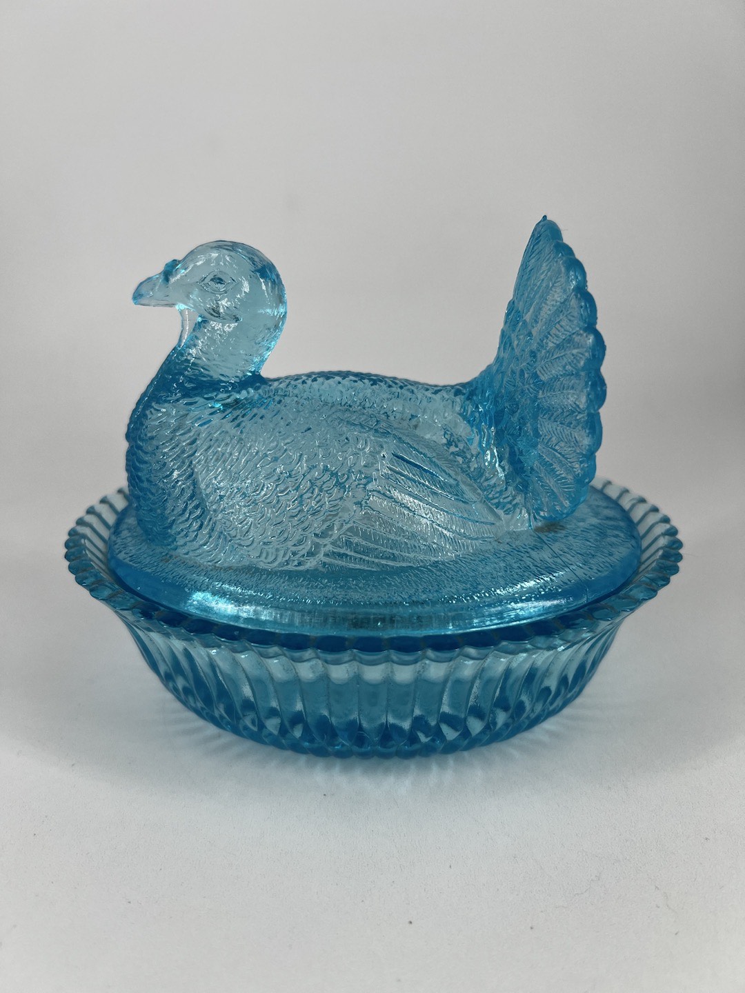 Vintage Degenhart Light Blue Glass Turkey on Nest Trinket Dish