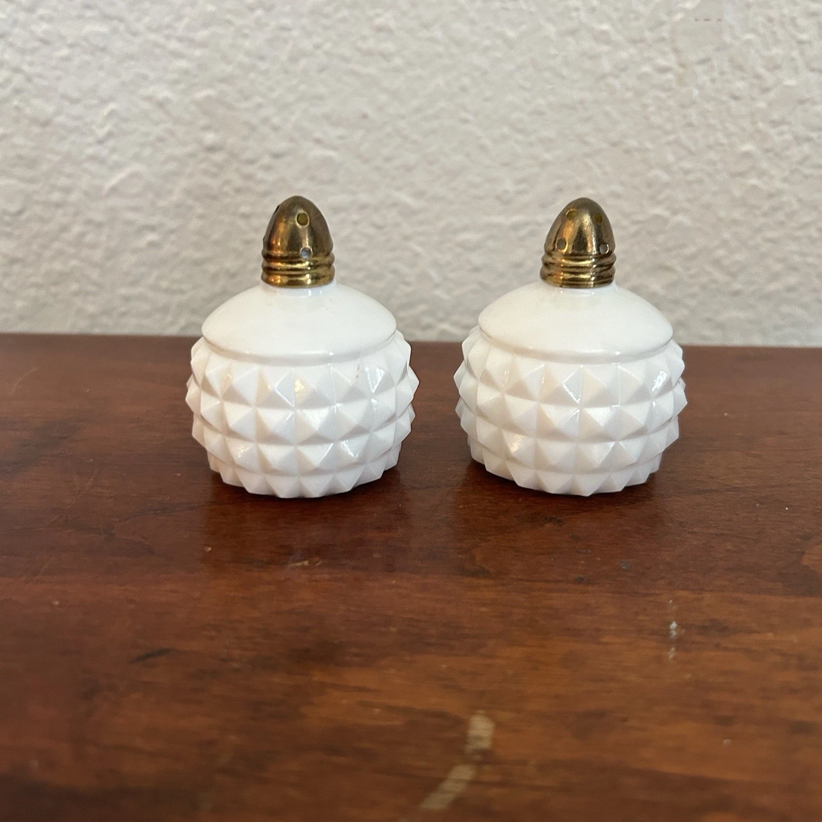Vtg Hobnail Diamond Point Milk Glass Salt And Pepper Shakers Set Japan MCM