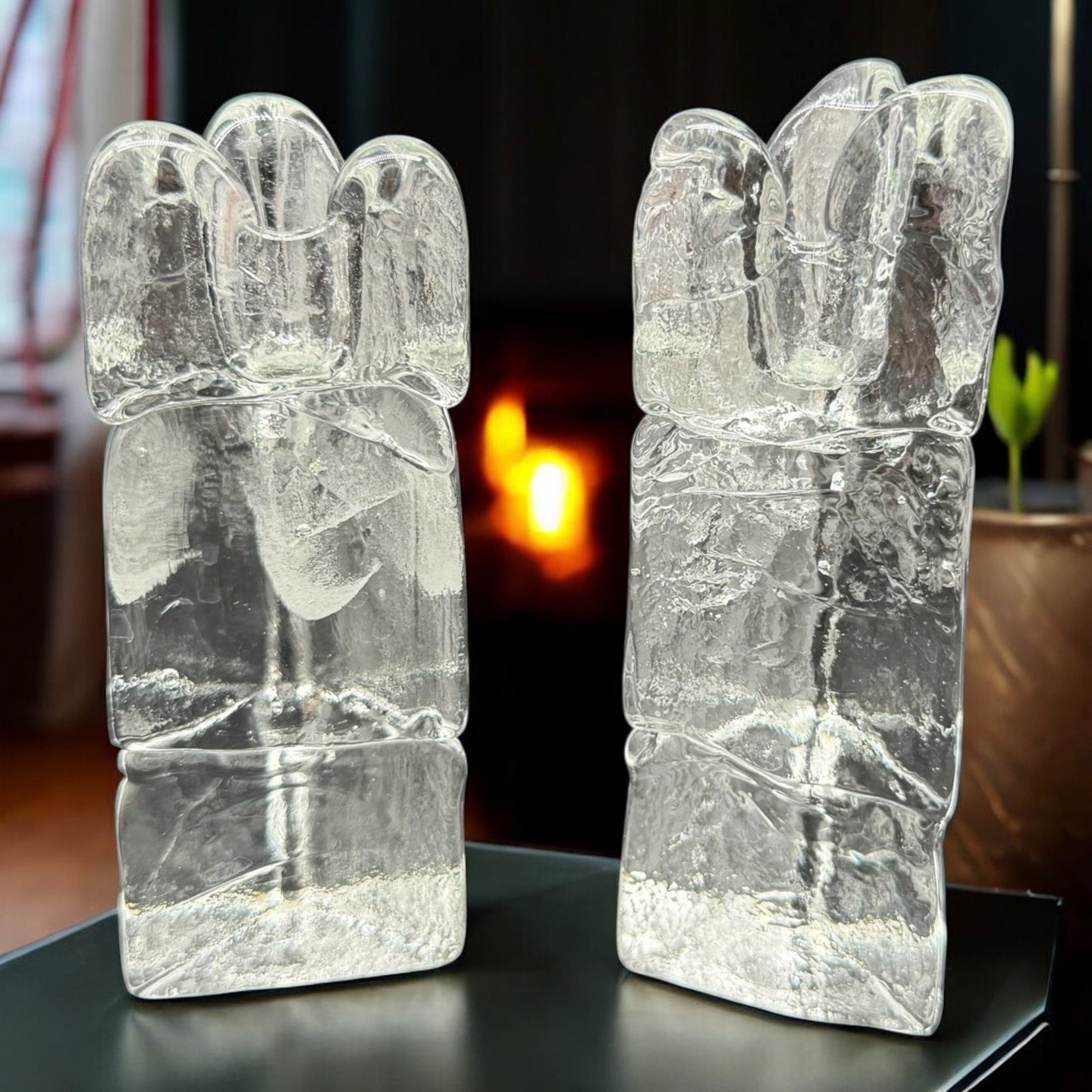 Thorn Glass Taper Candle Holders 3 Sided Textured Ice Signed Vintage ...