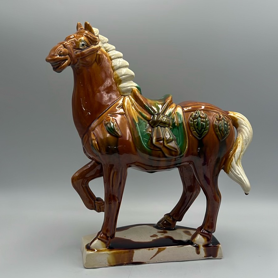 Tang Dynasty Style Tri- Color Drip Glaze Vintage War Horse Figure 12H 10W