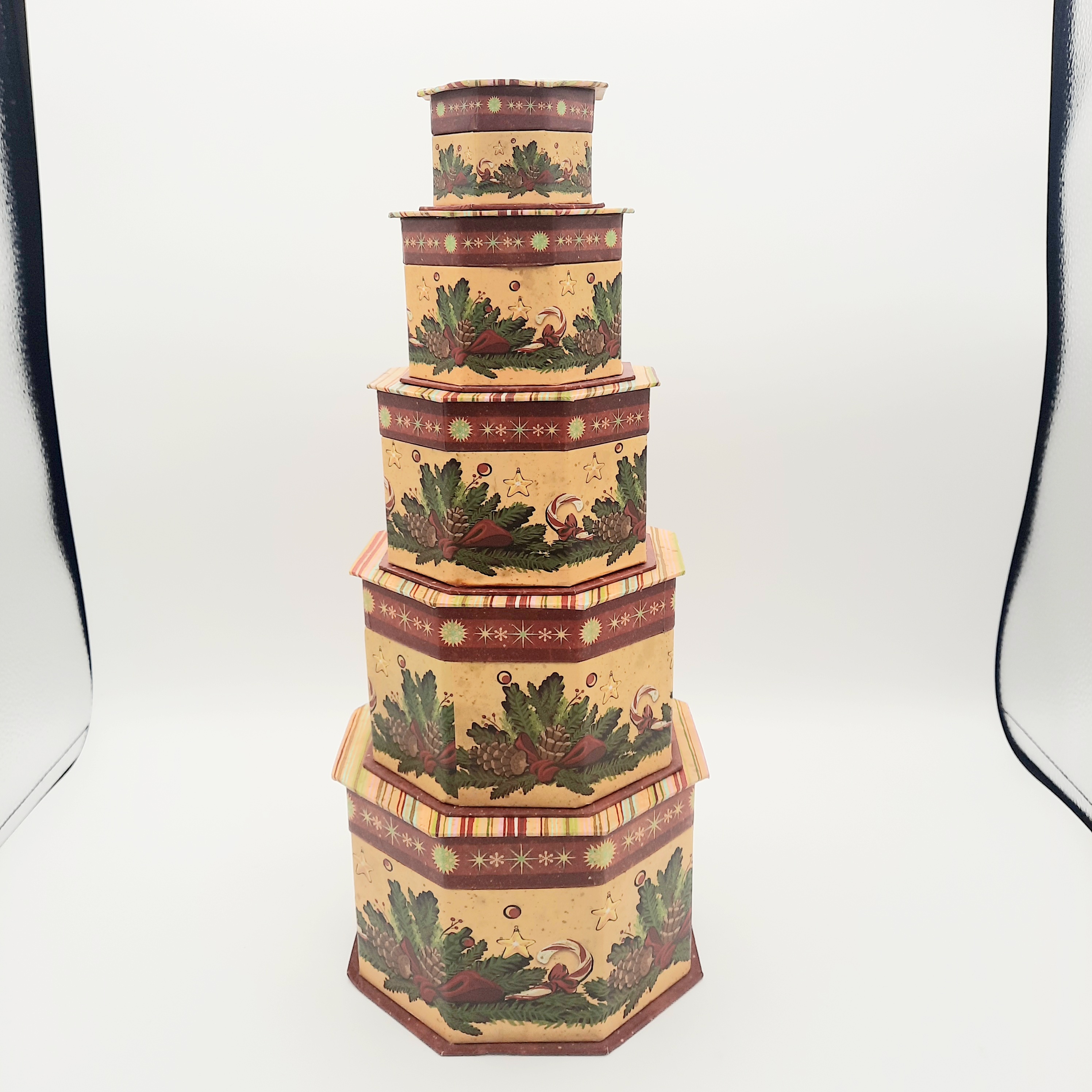 Christmas Nesting Boxes Set of 5 Gold Red Green Octagon Cardboard