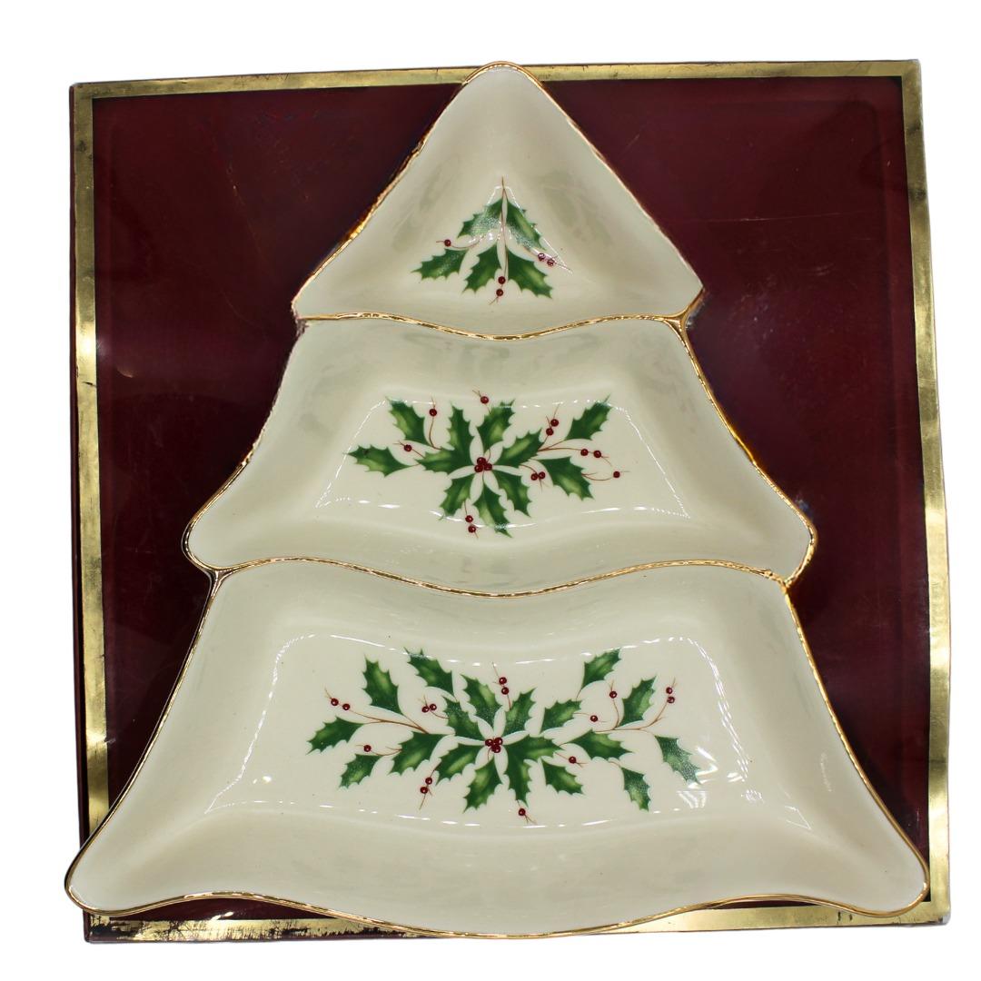 Vintage Lenox Holiday Tree Divided Serving Dish Creamy White with Holly ...