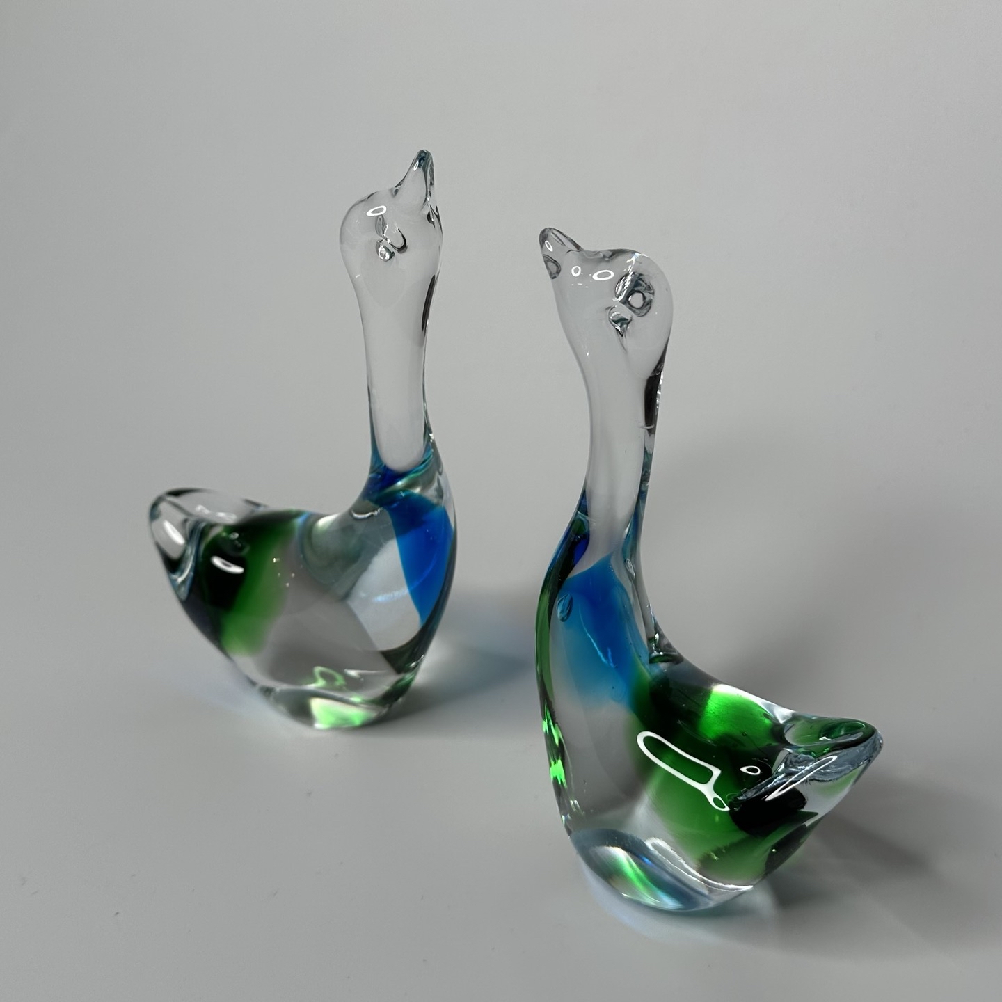 Clear Blue and Green Art Glass Swan Figurines Set/2