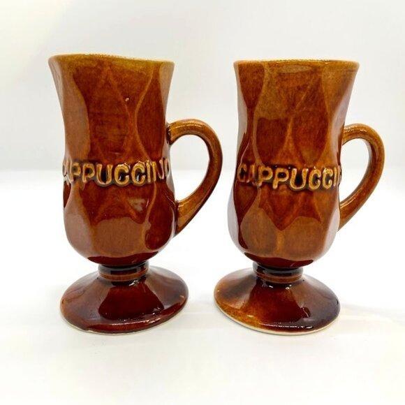 Vintage Pair Cappuccino Espresso Footed Brown Stoneware Mugs 60s 70s ...
