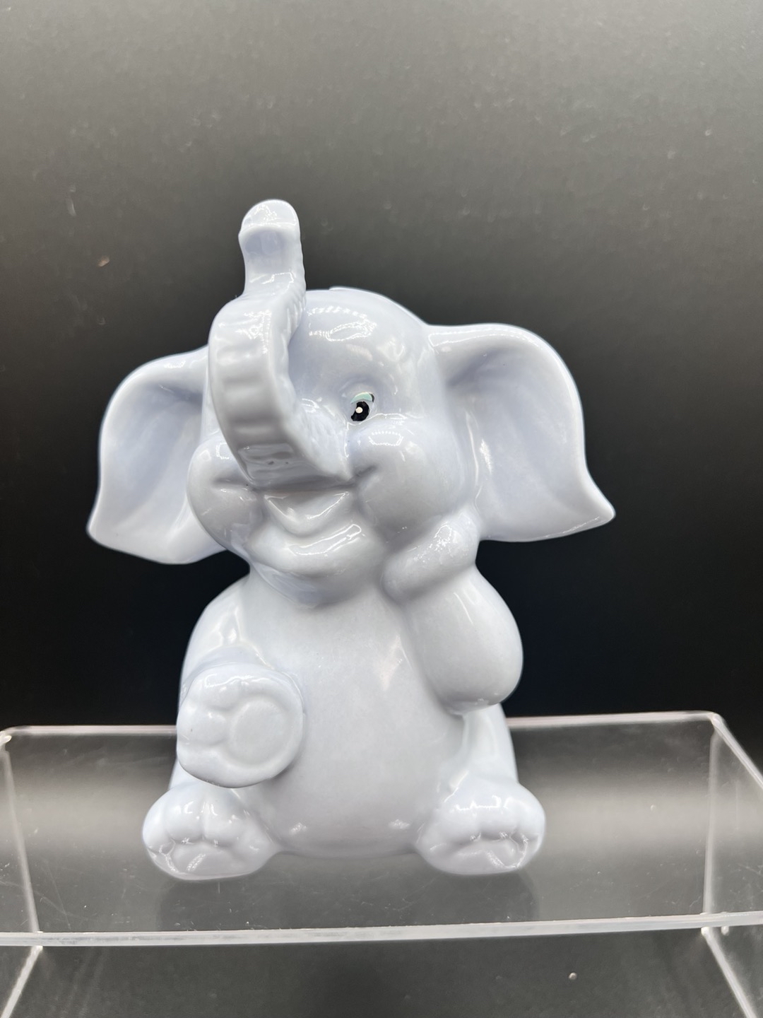 Vintage Ceramic Bank - Blue Elephant with Pretty Blue Eyes and Trunk Up