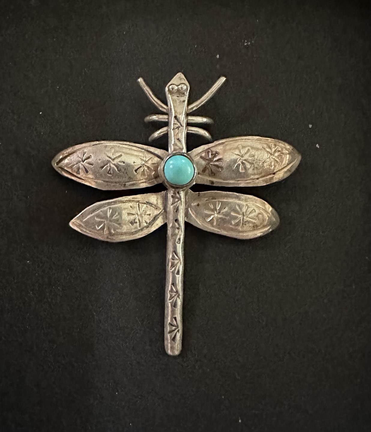Native American Navajo Sterling Silver & Turquoise Dragonfly Pin signed MC