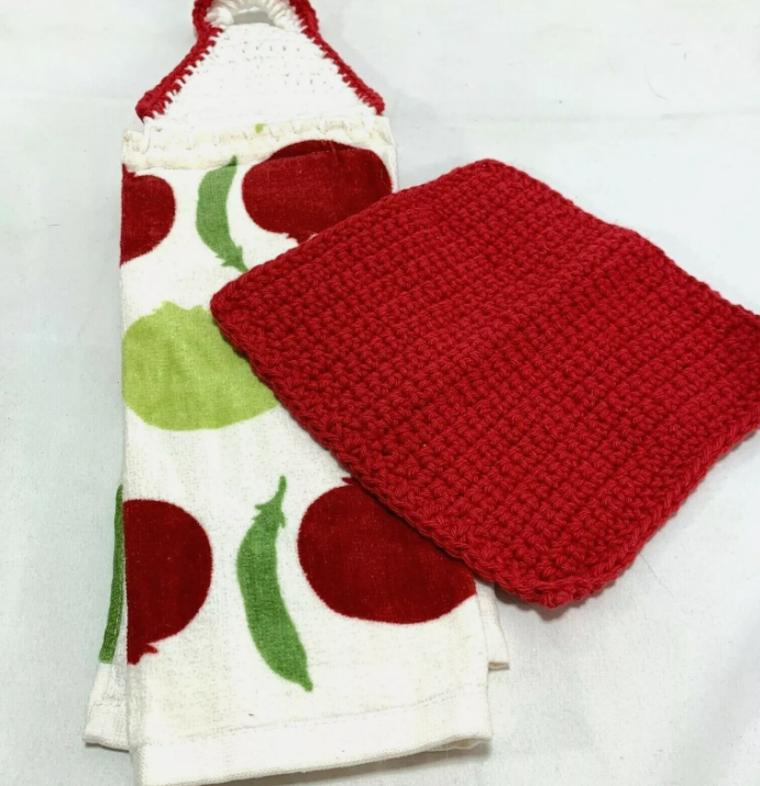 Handmade Kitchen Towel and Dish Cloth Set Crochet Hanging Towel Red ...