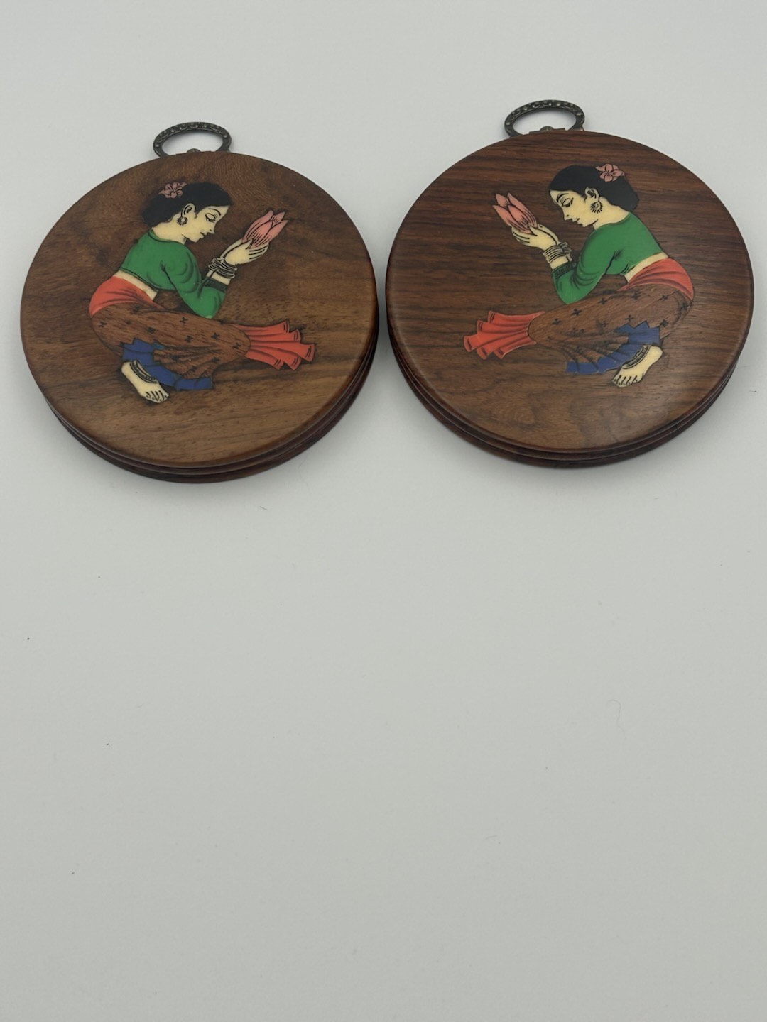 2 Vintage Wood Inlay Woman Worshipping Wall Plaques