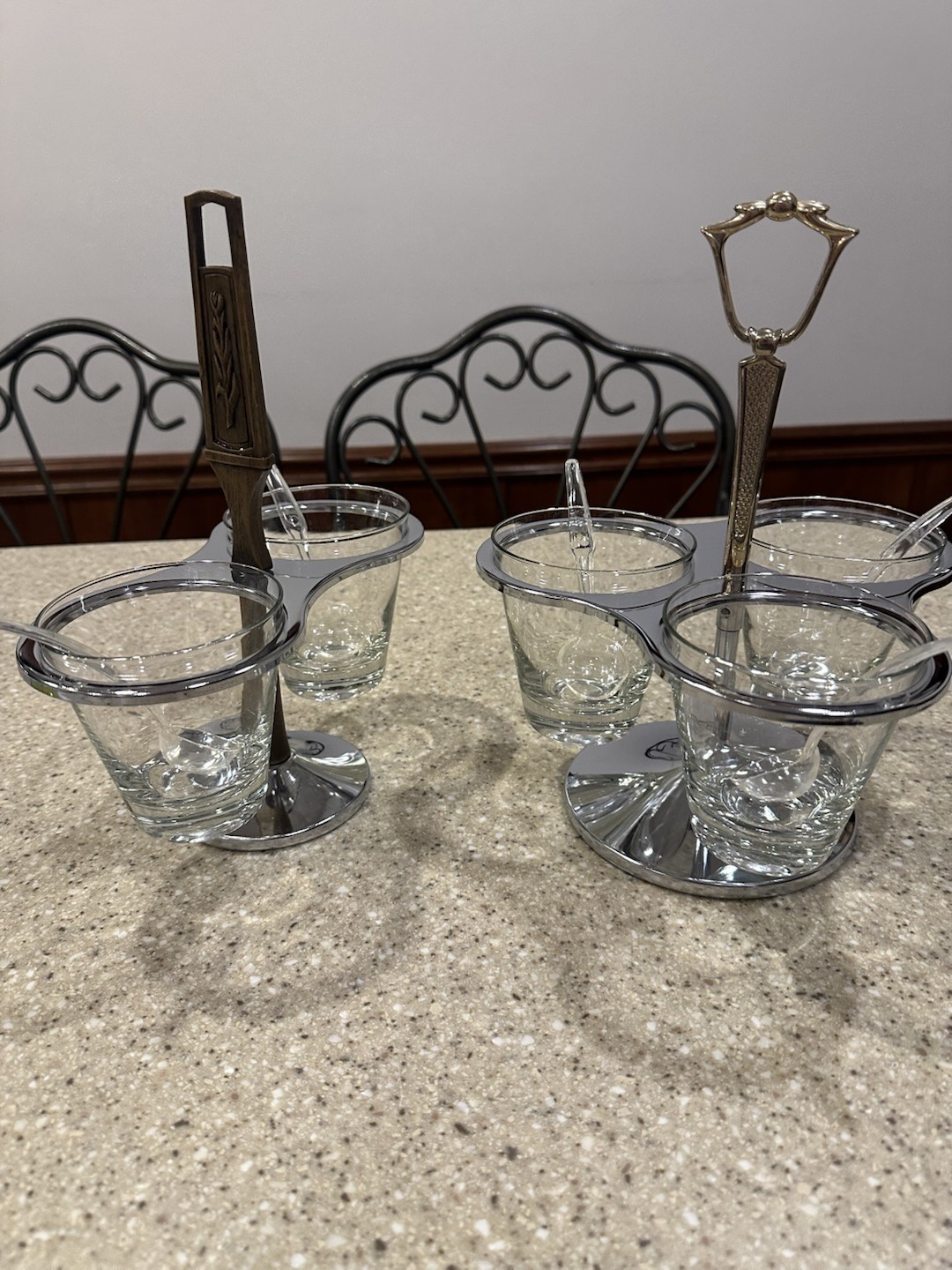2 Vintage Kromex Mid-Century Triple Carousel Condiment Servers Chrome Glass