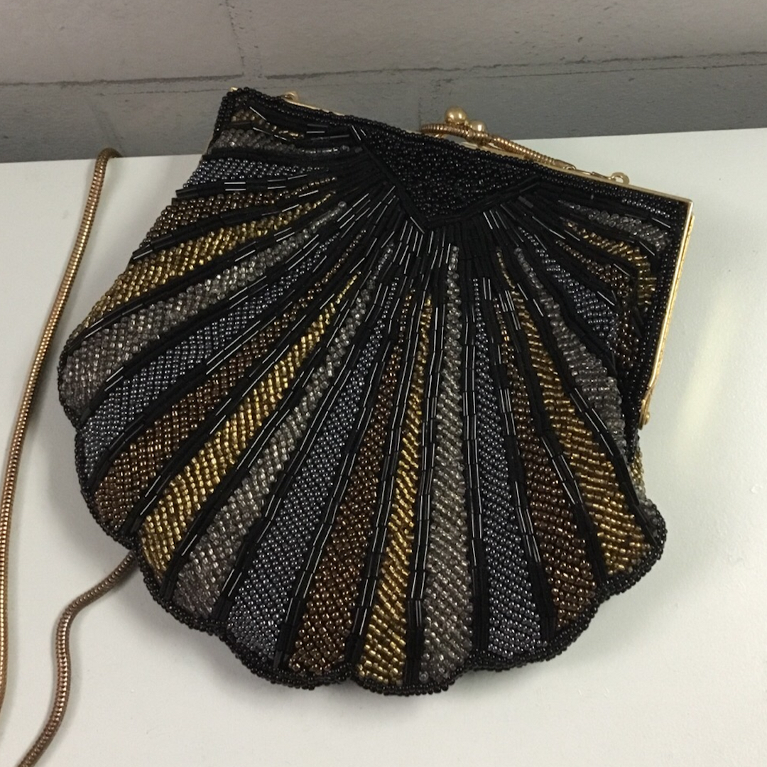 Vintage Hand beaded Black And Gold Shell Bag