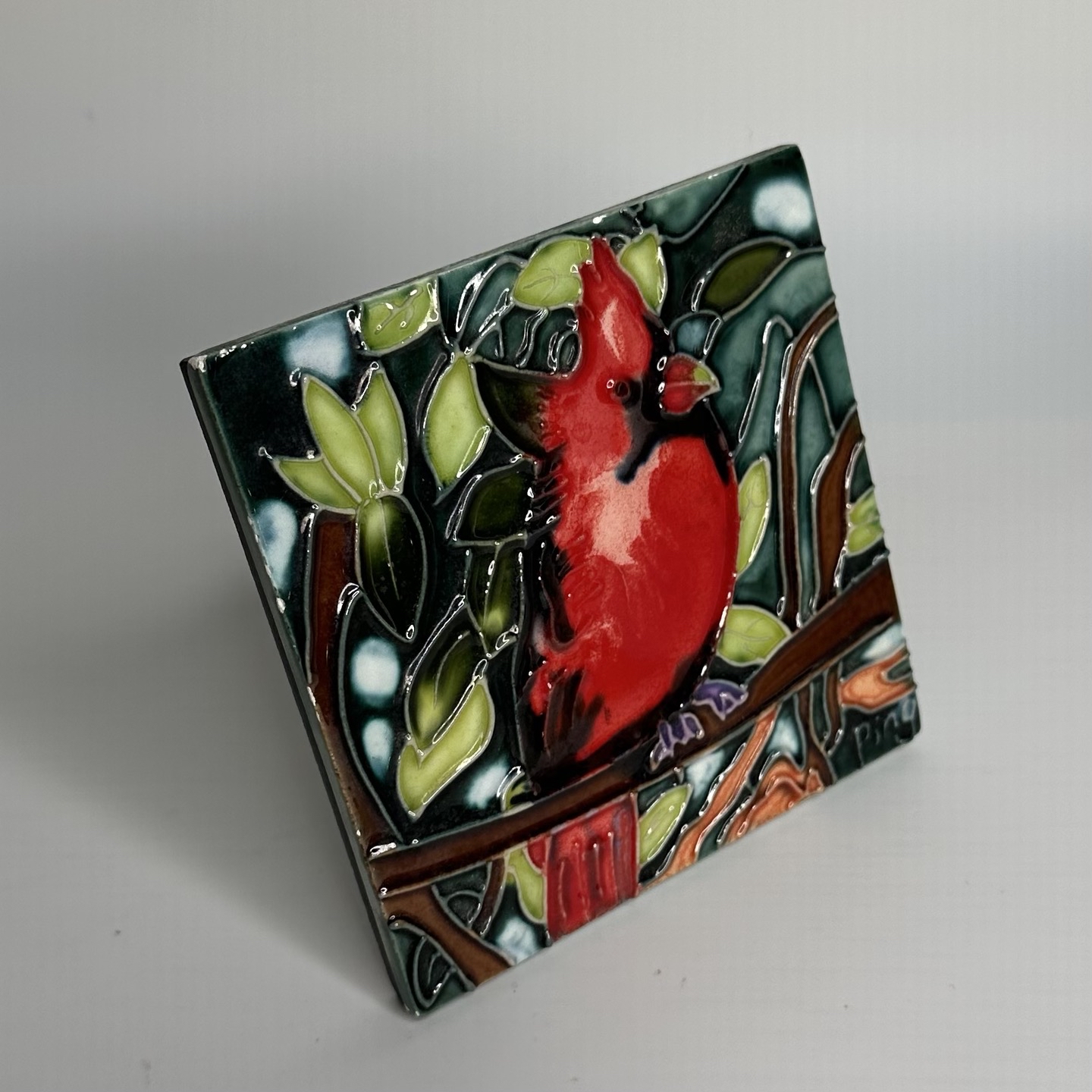 Ping Signed Red Cardinal Art Tile Built-in Stand, Wall Hanging