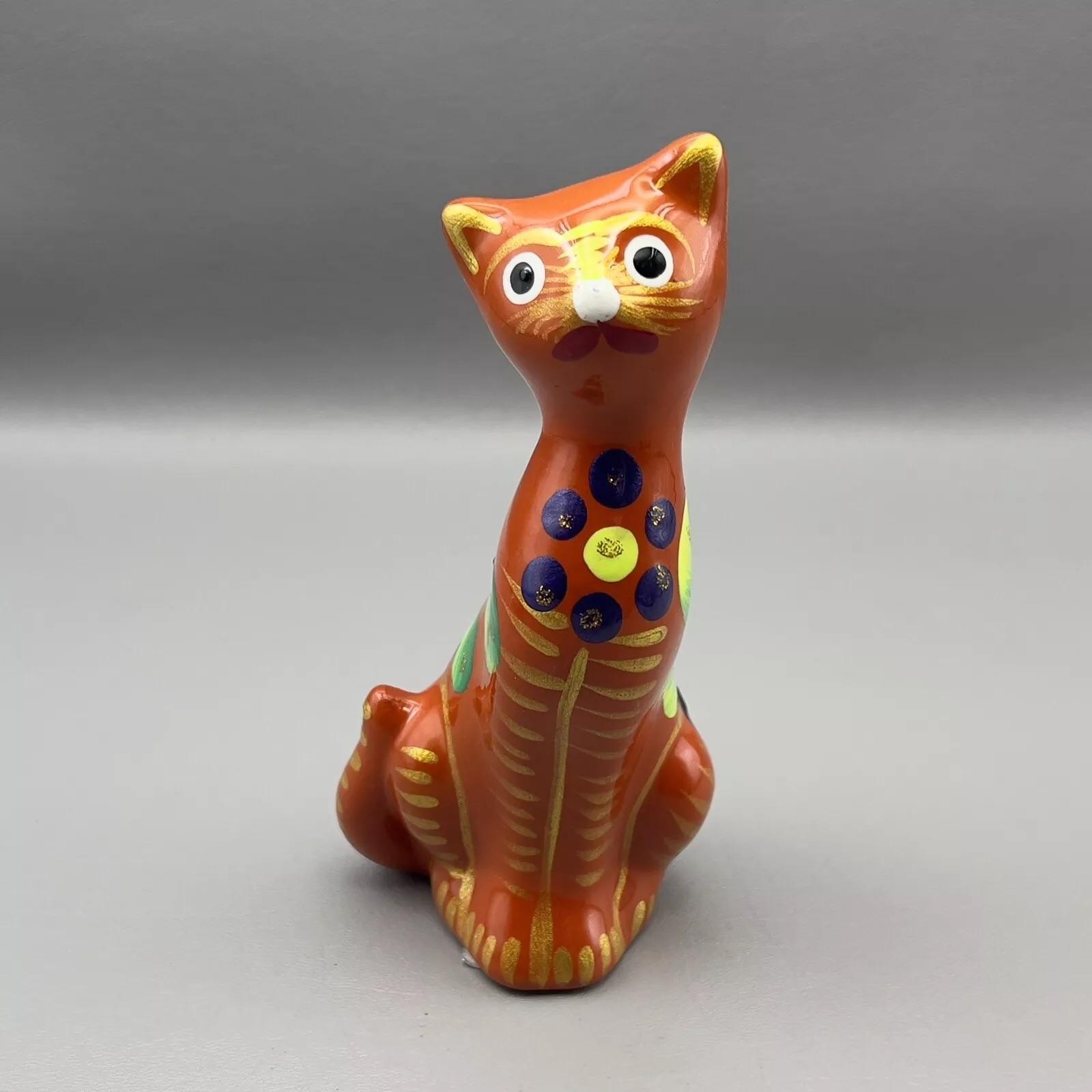 Mexican Pottery Cat Hand Painted Glows Made In Mexico Flowers 6"