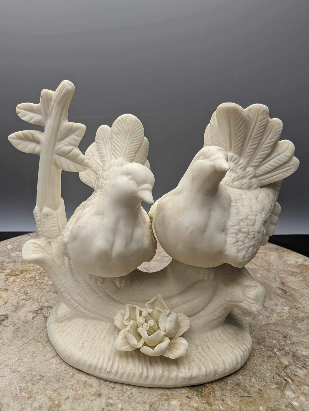 Vtg. Ivory Porcelain Bisque Love Birds On Branch W/ Flower 5" X 5"