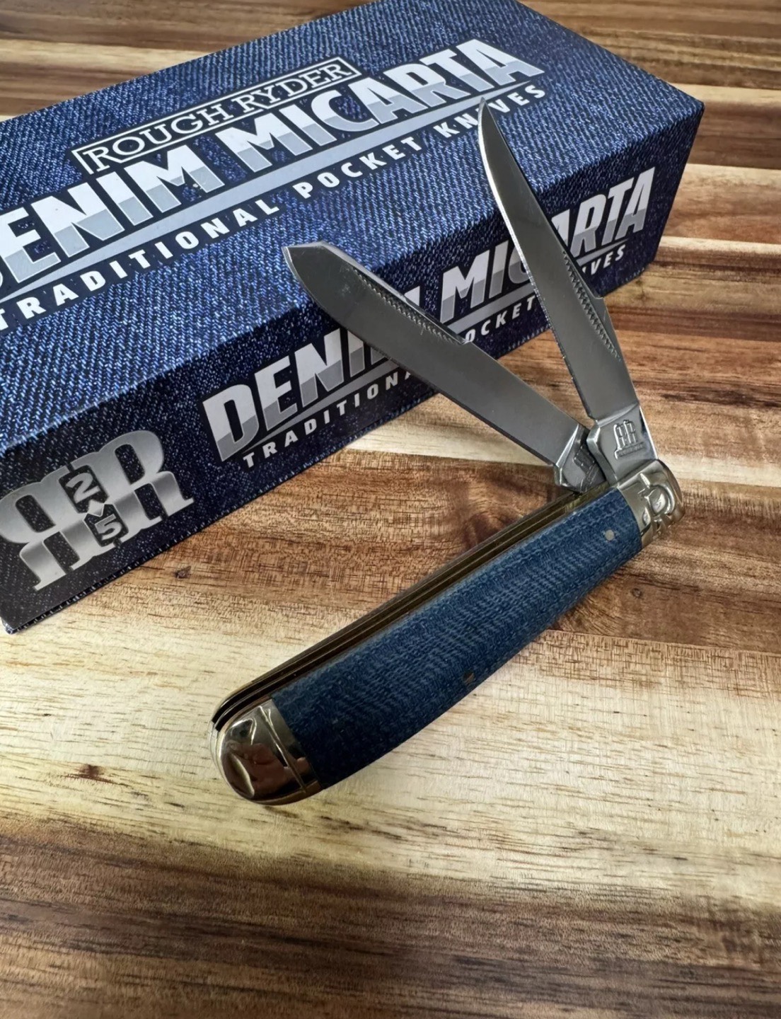 ROUGH RYDER DENIM MICARTA SERIES TRAPPER, 3.5" CLOSED, T10 TOOL STEEL ...