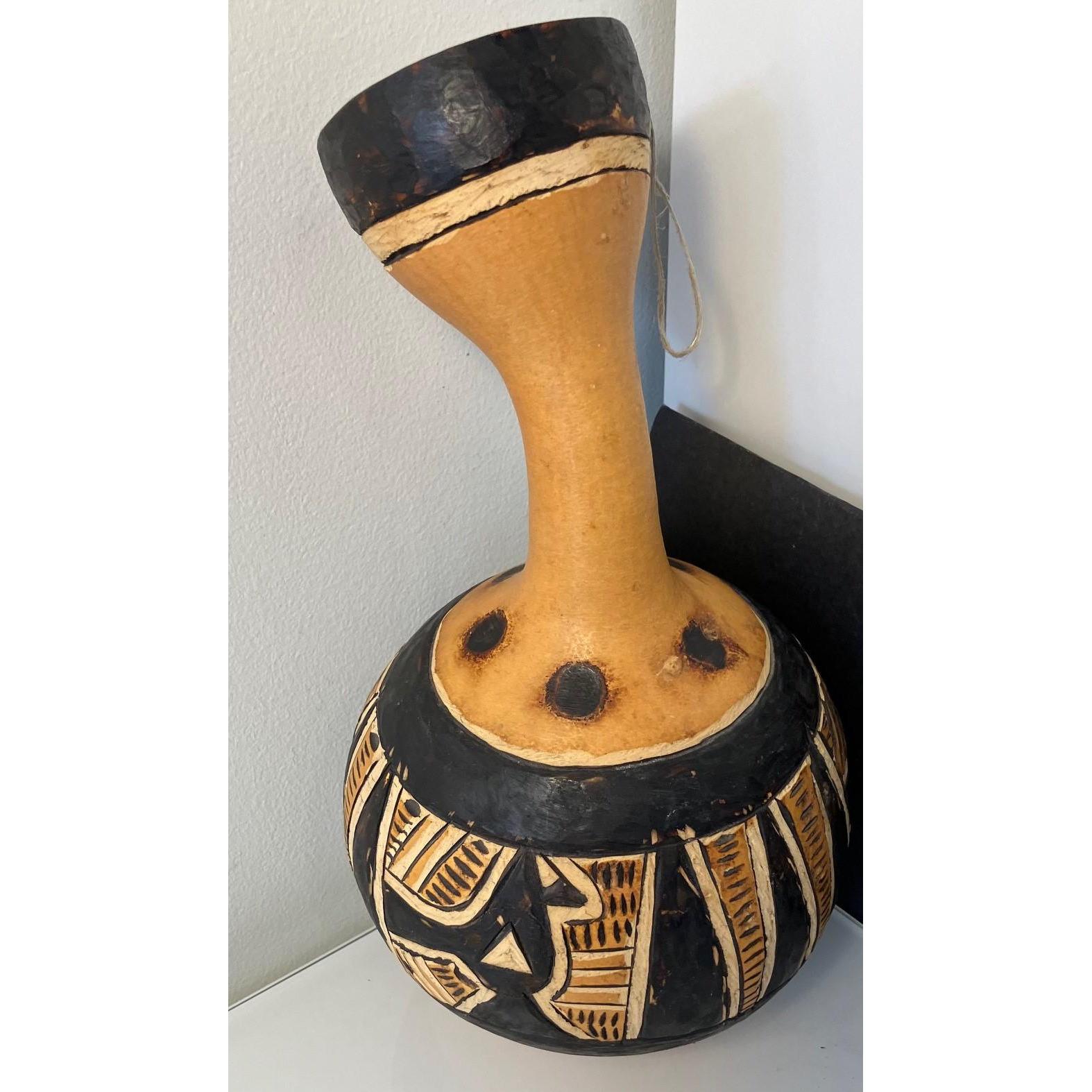 Carved Painted Gourd, Peruvian-style Decor Hanging Shaker Brown 10"