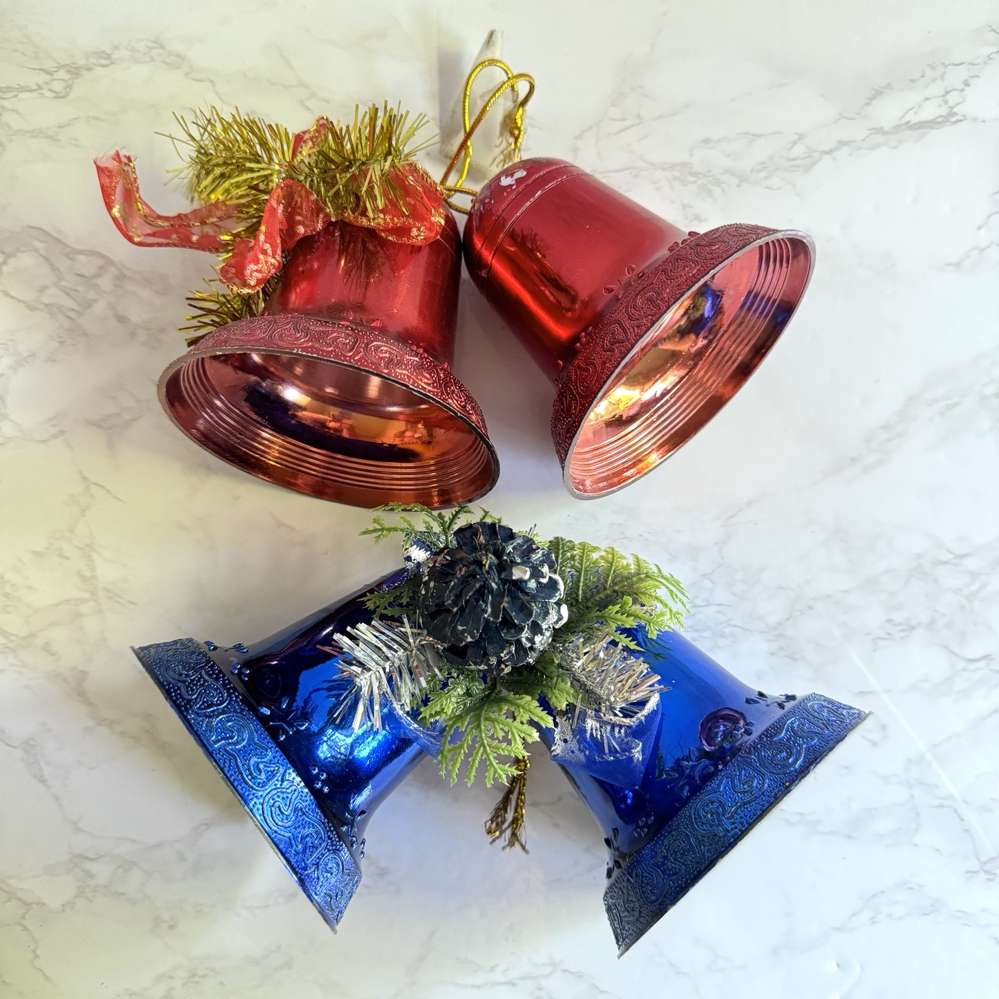 Vintage Tacky Plastic Christmas Bells, Red & Blue AS IS Great For Crafting!