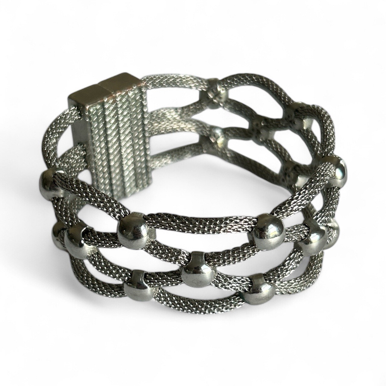 Fine Rolled Silver Tone Mesh Lattice Bracelet Wide Magnetic Clasp ...