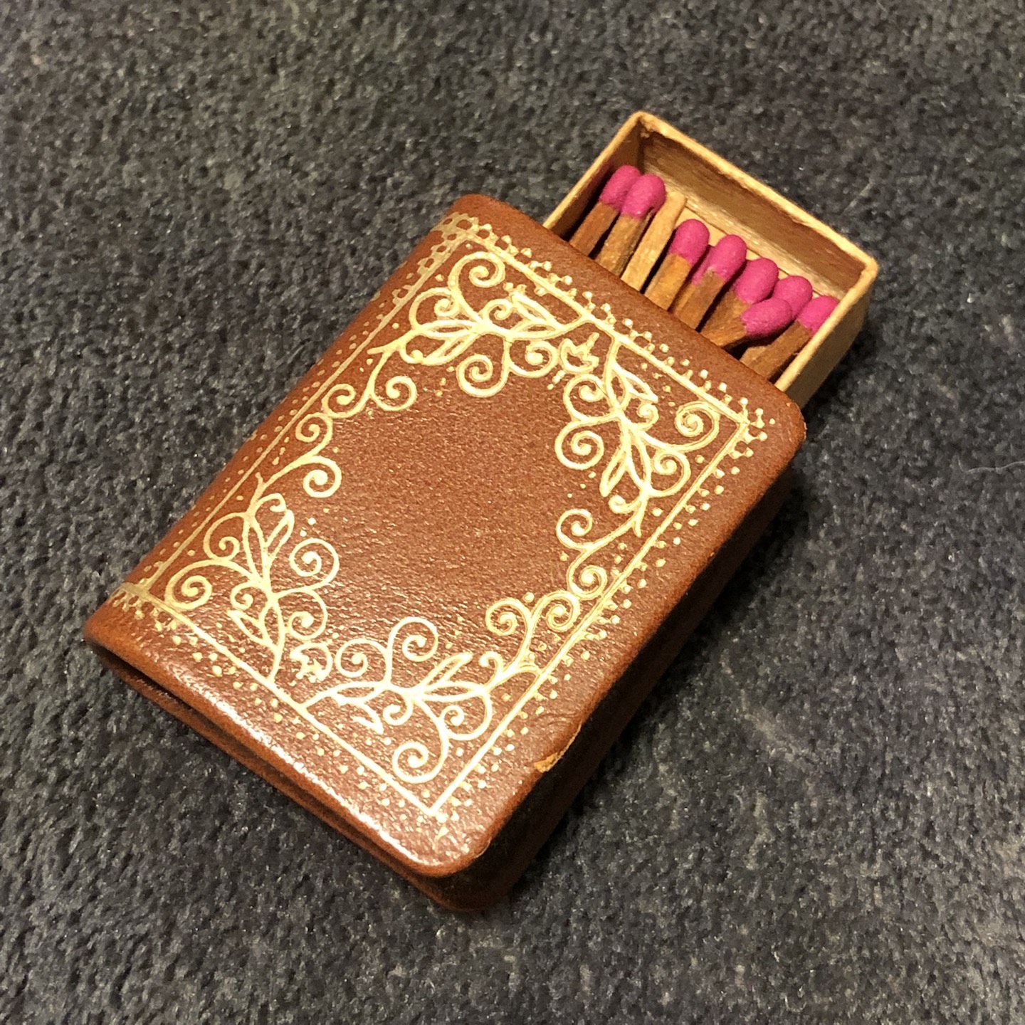 Antique Match Box Little Maroon Leather Book Shaped Matchbox