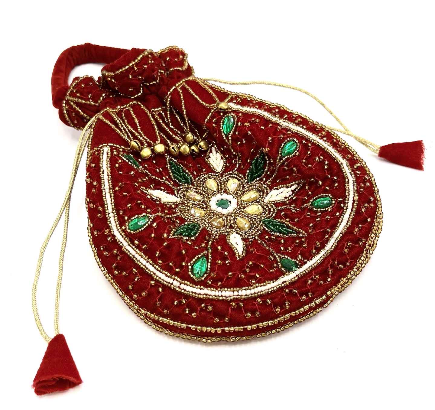 RED Velvet Beaded Purse, Gold Green White Beaded with Tassels, Taffeta ...