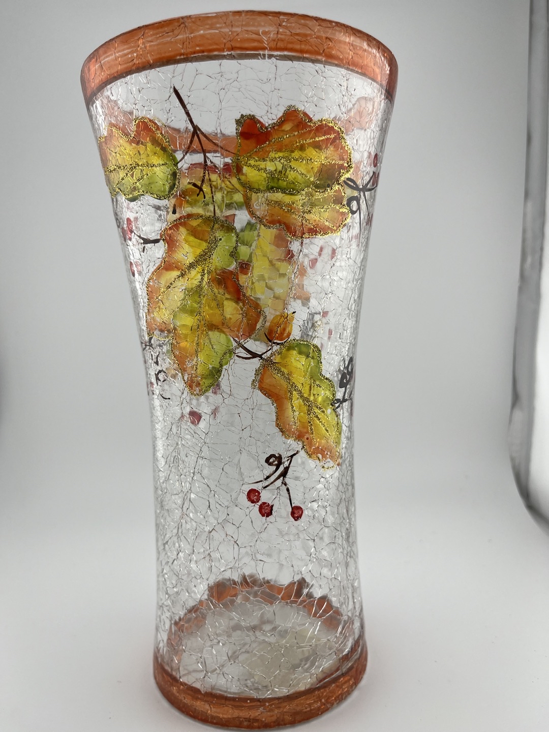 Crackled glass Fall themed vase with brightly flash painted w/ glitter ...