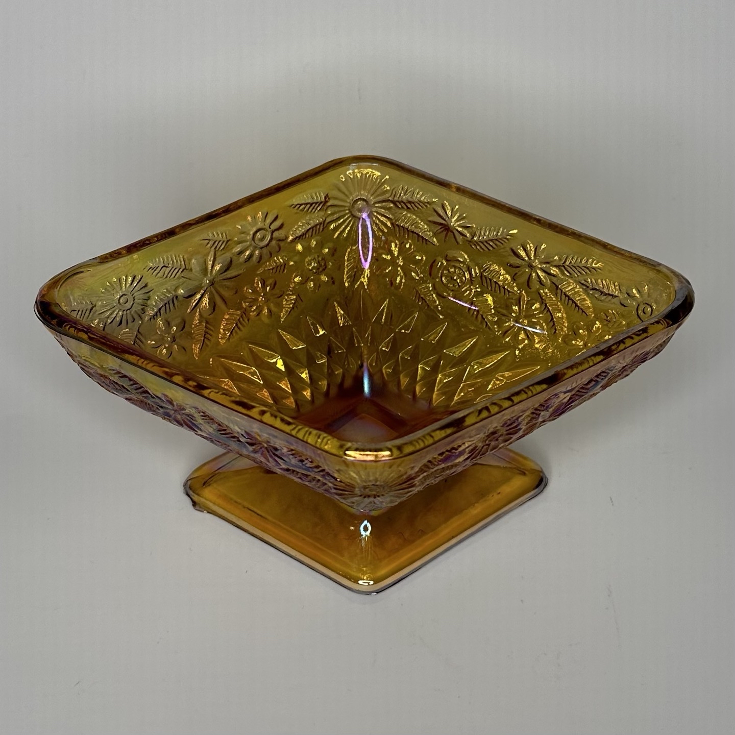 Vintage Marigold Amber Carnival Glass Diamond Shaped Candy Dish