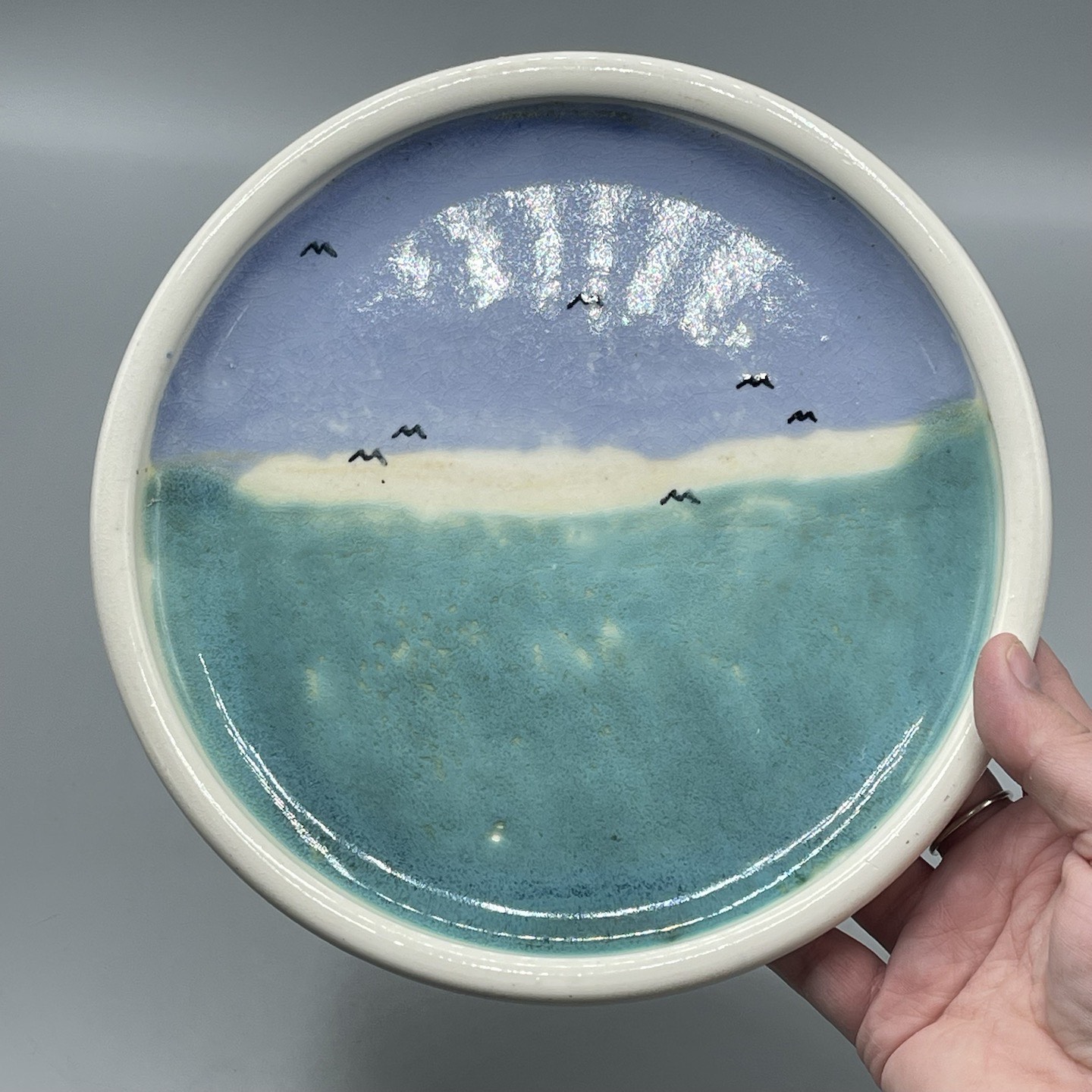 Studio Pottery Plate Ocean Themed Sea Birds Gulls Blue Teal Signed Huey