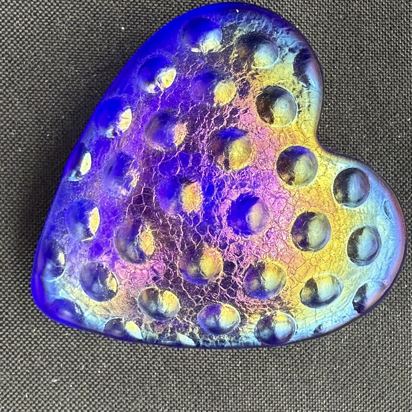 Robert Held Iridescent Texture On COBALT Glass Heart Paperweight