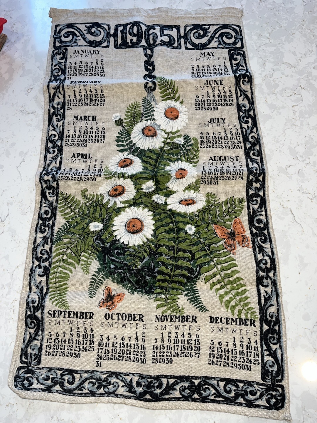 Vintage 1965 Linen Kitchen Calendar Towel Daisies