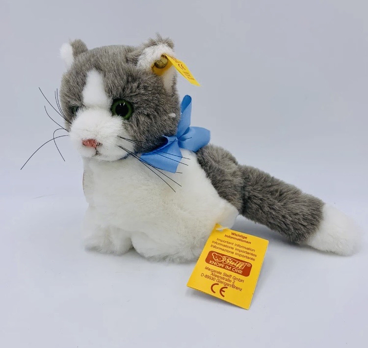 Steiff Germany Plush Cat Kitten Grey White 077364 tags ear button Green ...