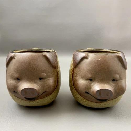 Vintage UCTCI Japan Smiling Pig Face 3-D Stoneware 2 Mugs Cups Ceramic ...