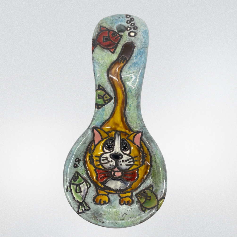 Mexican Pottery Spoon Rest With Cat And Fish